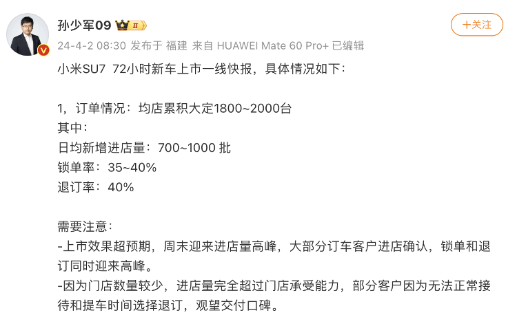 海报视讯丨小米SU7上市72小时退订率40% ？小米回应：还未关注相关信息_门店_周期_订单