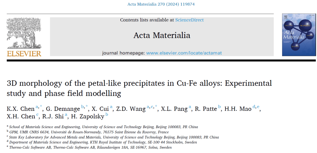 王自东教授课题组Acta Materialia：通过FIB-SEM断层扫描和相场模拟解析Cu-Fe合金花瓣状富铁析出相的三维形态_颗粒