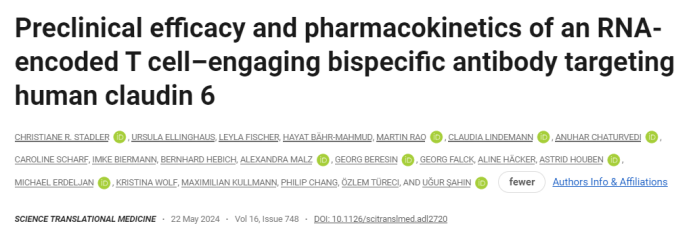 BioNTech：mRNA编码双特异性T细胞接合器代替传统双抗，靶向人CD3+claudin 6_RiboMab_阳性_抗体