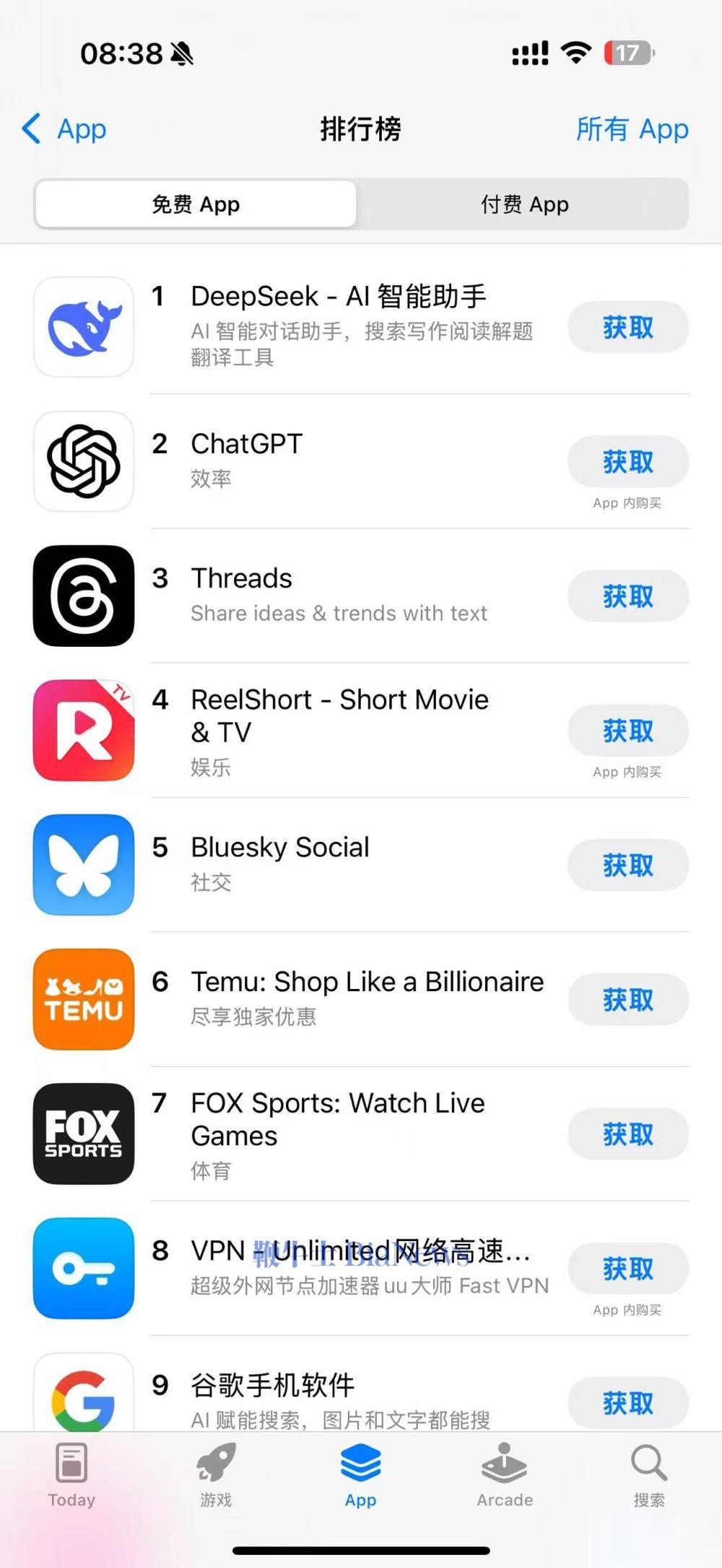 DeepSeek超越ChatGPT登顶苹果美榜第一_中国地区_模型_应用