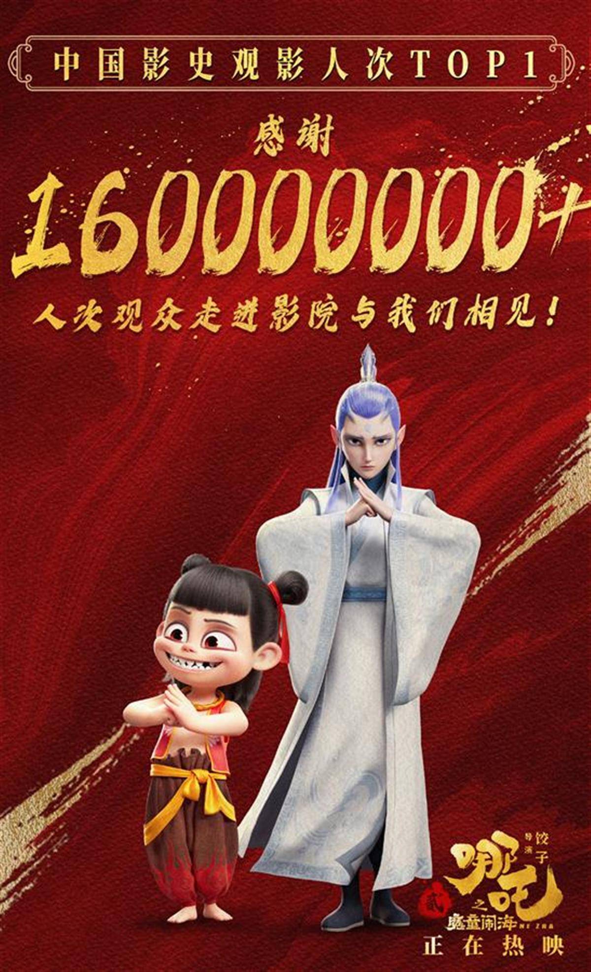 票房破80亿登顶中国影史观影人次TOP1，《哪吒2》发文感谢160000000位观众_微博_电影_闹海